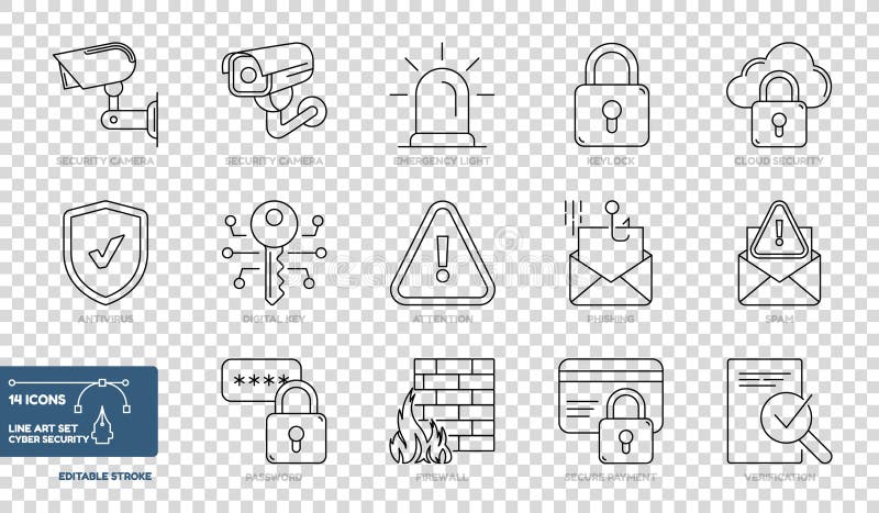 Line Art Collection of Cyber Security Icons Set - Different Vector ...