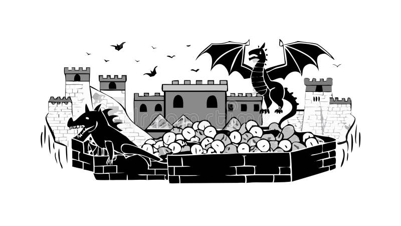 Line Art Dragon Guarding a Castle, Mythical Protector, Vector Design ...