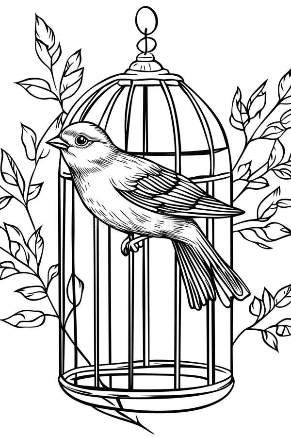 Line Art Drawing of Bird in Cage, Surrounded by Leaves Stock ...