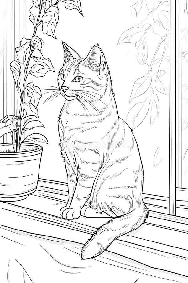Line Art Drawing of a Cat Sitting on a Windowsill, Looking Out Stock ...