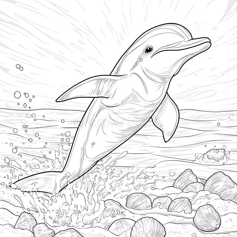 Line Art Drawing of a Dolphin Leaping from the Ocean Stock Illustration ...