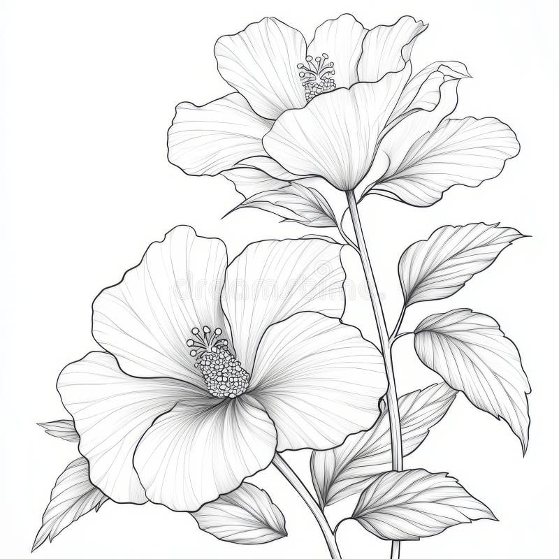 Line Art Drawing of Hibiscus Flowers with Leaves. Stock Photo - Image ...