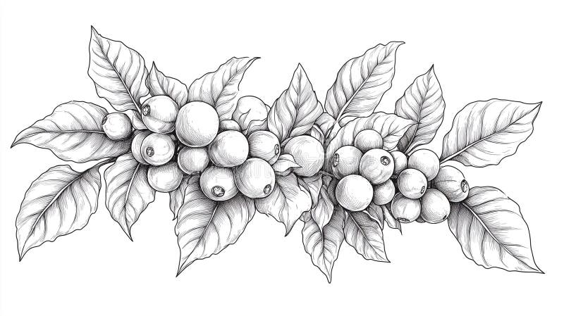 Line Art, Drawing Sketch of Coffee Fruit and Leaves, Sketch Style ...