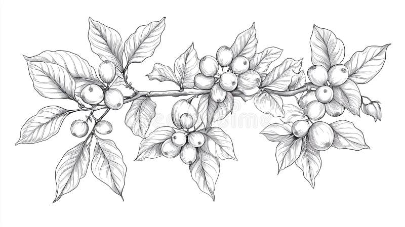 Line Art, Drawing Sketch of Coffee Fruit and Leaves, Sketch Style ...