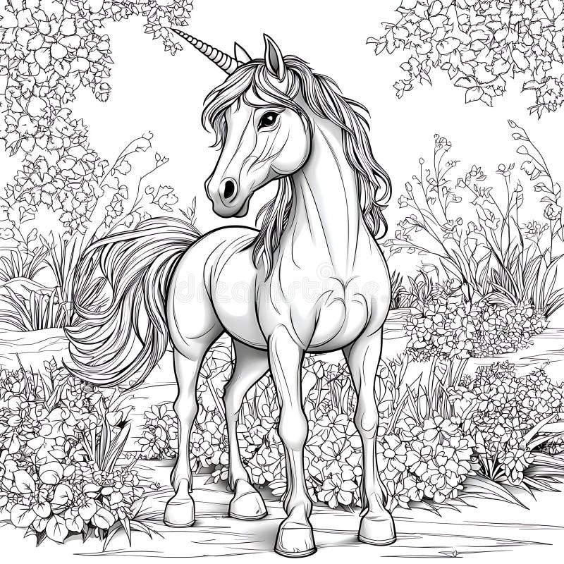 Line Art Drawing of a Unicorn in a Forest Setting Stock Illustration ...