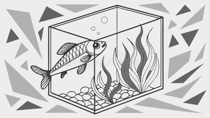 Line Art Fish in Rectangular Aquarium Vector Illustration, Pet Fish ...