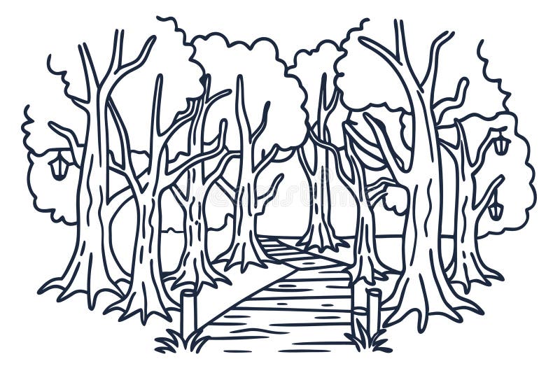 Line Art Forest Pathway with Tall Trees and Lanterns in a Tranquil ...