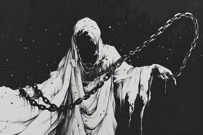 Line Art of a Ghost with Chains on Black Background. Black and White ...