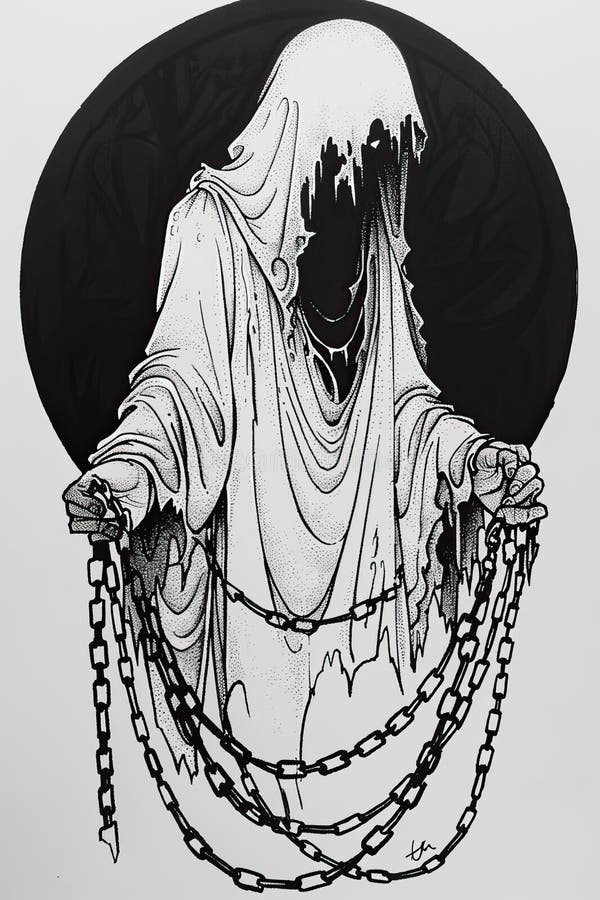 Line Art of a Ghost with Chains. Black and White Stock Photo - Image of ...