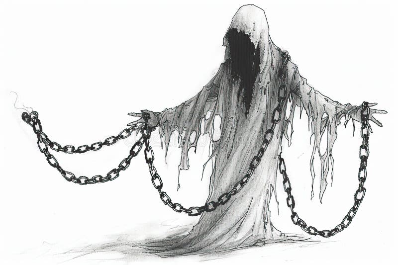 Line Art of a Ghost with Chains on White Background. Black and White ...