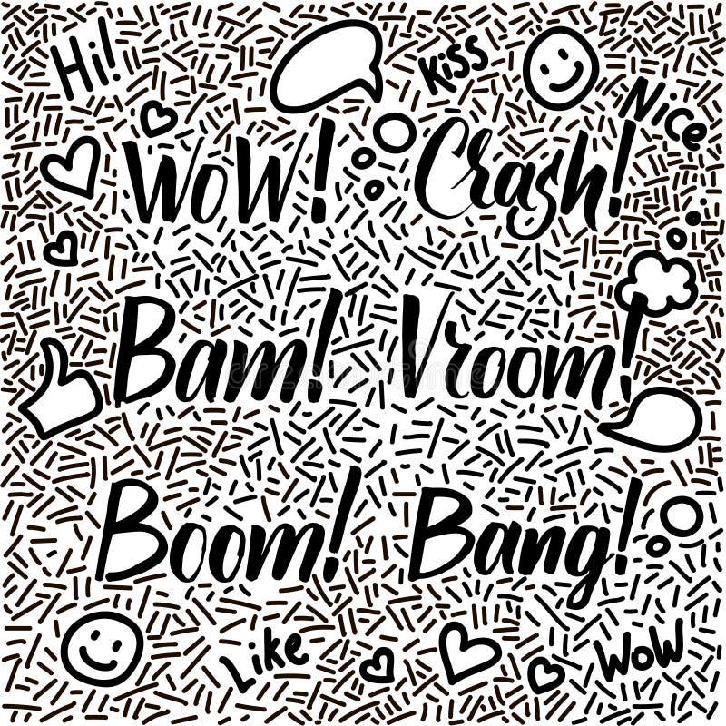 Line-art Hand-drawn Doodle Set with Modern Calligraphy Words Crash, Wow ...