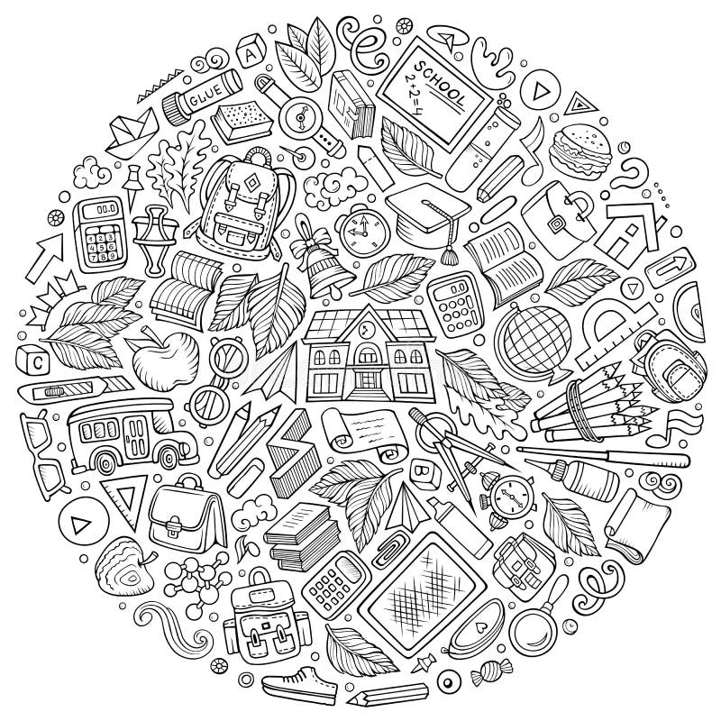 Line Art Hand Drawn Set of School Cartoon Doodle Objects Stock ...