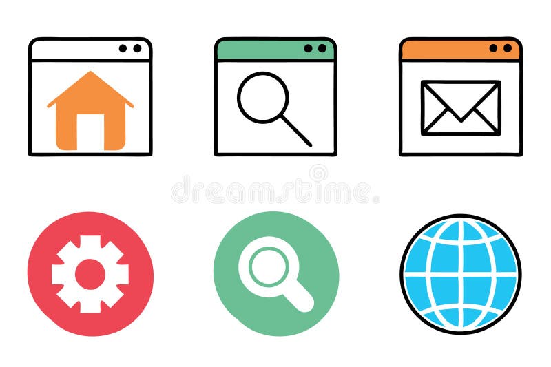 Line Art Icon Set Featuring Search, Internet, and Communication Symbols ...
