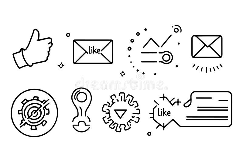 Line Art Icons Display Mail, Message, Gear, Wrench, Analytics, and Approval on White Stock ...