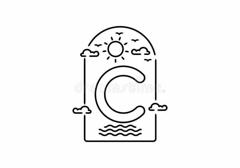 Line Art Illustration of Beach with C Initial Name Stock Vector ...