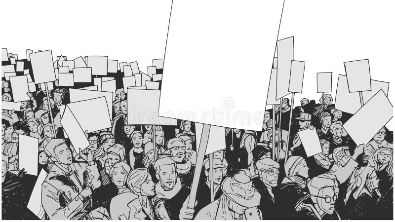 Line Art Illustration of Crowd Protest with Blank Signs and Banners ...