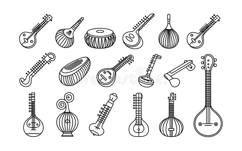 Line Art Set of Traditional Indian Musical Instruments Collection Stock ...