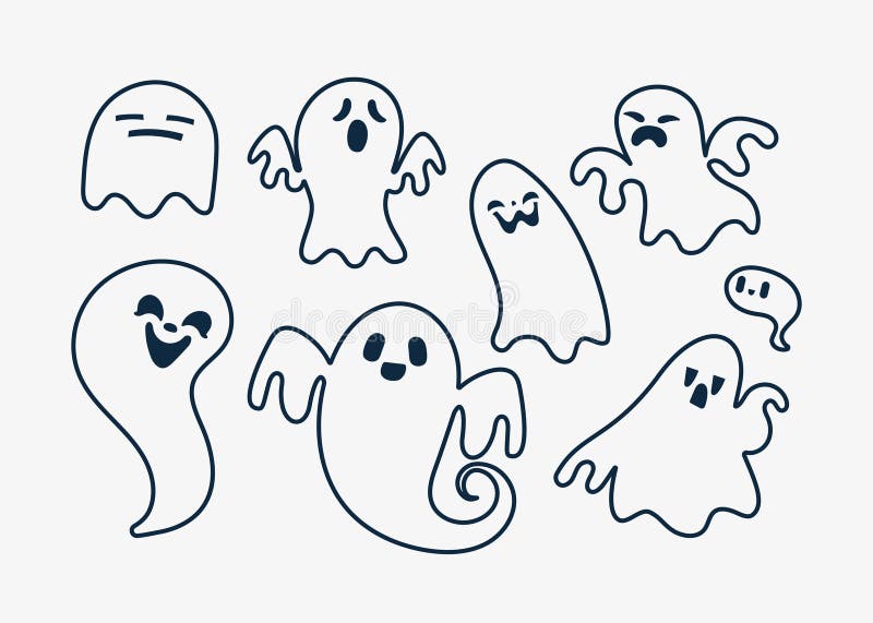 Line Art Illustration of Eight Cute Ghosts with Different Expressions ...
