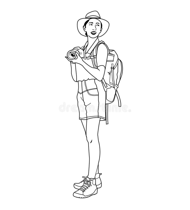 Line Art Illustration of a Female Tourist Stock Vector - Illustration ...