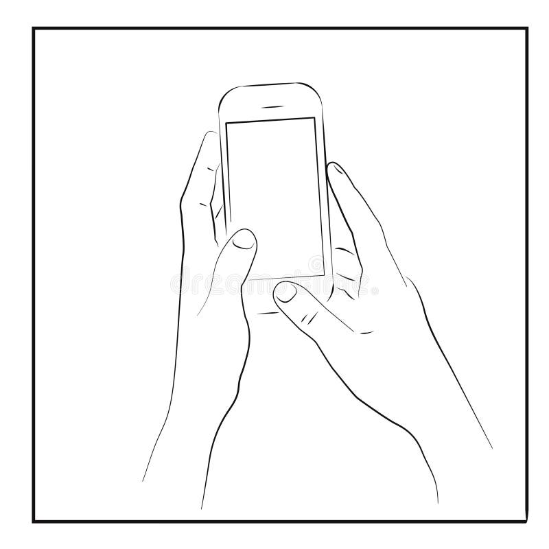Line Art Illustration of Hands Holding Phone with Blank Screen for Your ...