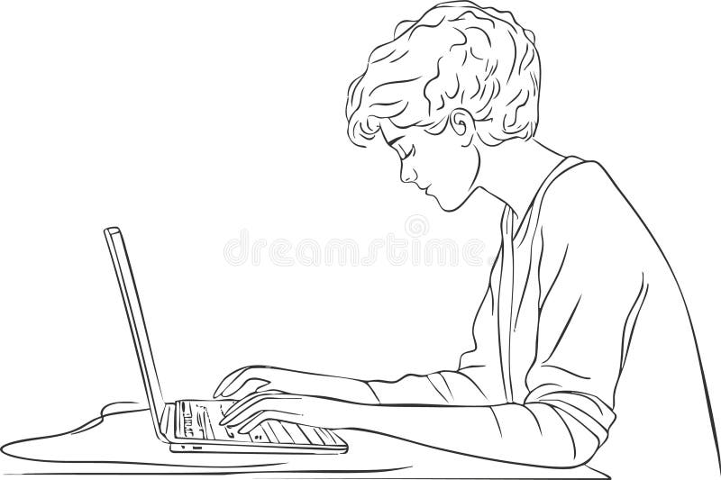 Line Art Illustration of a Person Typing on a Laptop. Stock ...