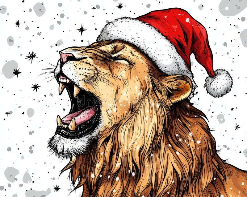 In this Line Art Illustration, a Santa Hat Adorns a Roaring Lion Stock ...