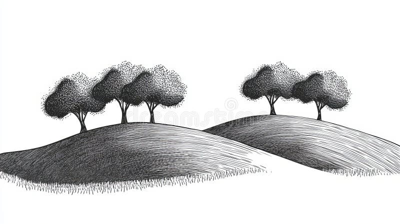 This Line Art Illustration Shows Clusters of Trees on Undulating Fields ...