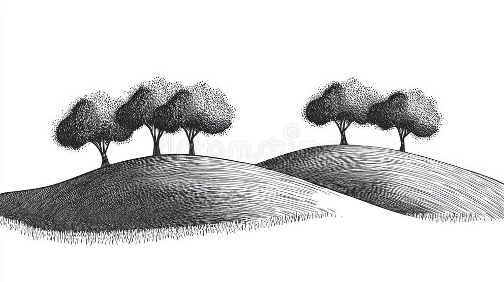 This Line Art Illustration Shows Clusters of Trees on Undulating Fields ...