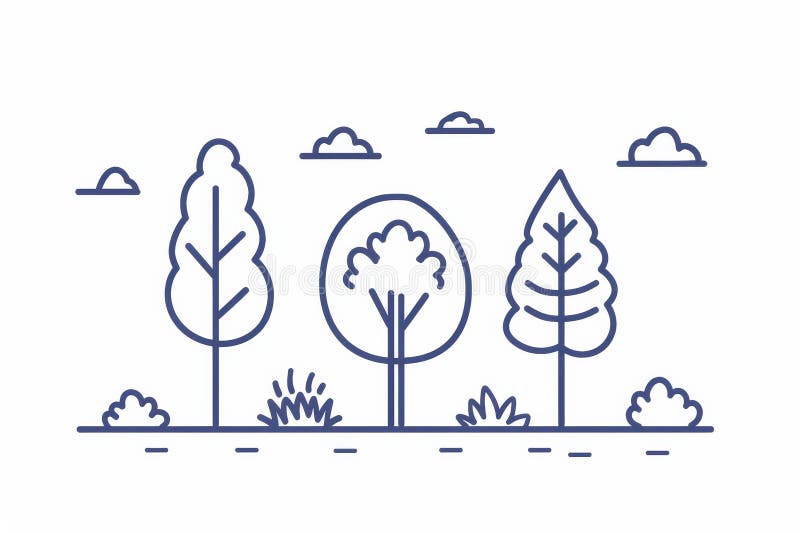 Line Art Illustration of Three Stylized Trees with Clouds and Bushes ...