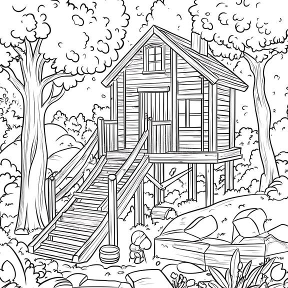 Line Art Illustration of a Treehouse in a Forest Stock Illustration ...