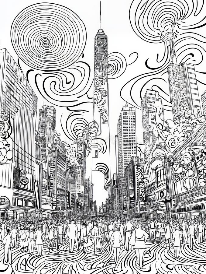 Line Art Illustration with Urban Themes in Black and White Stock Image ...