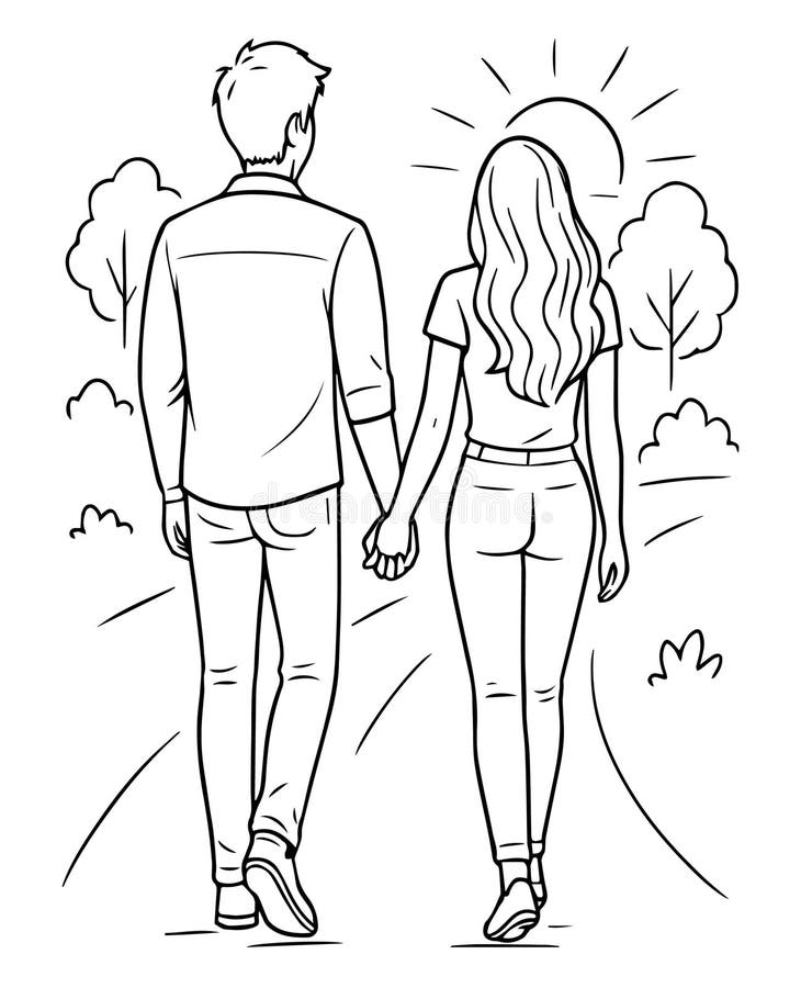 Line Art Illustration of a Young Couple Walking Hand in Hand Down a ...