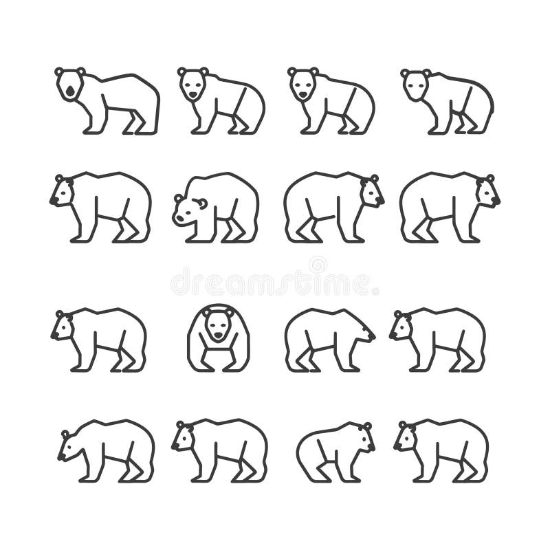 Collection of Sixteen Line Art Bear Illustrations Different Views of ...