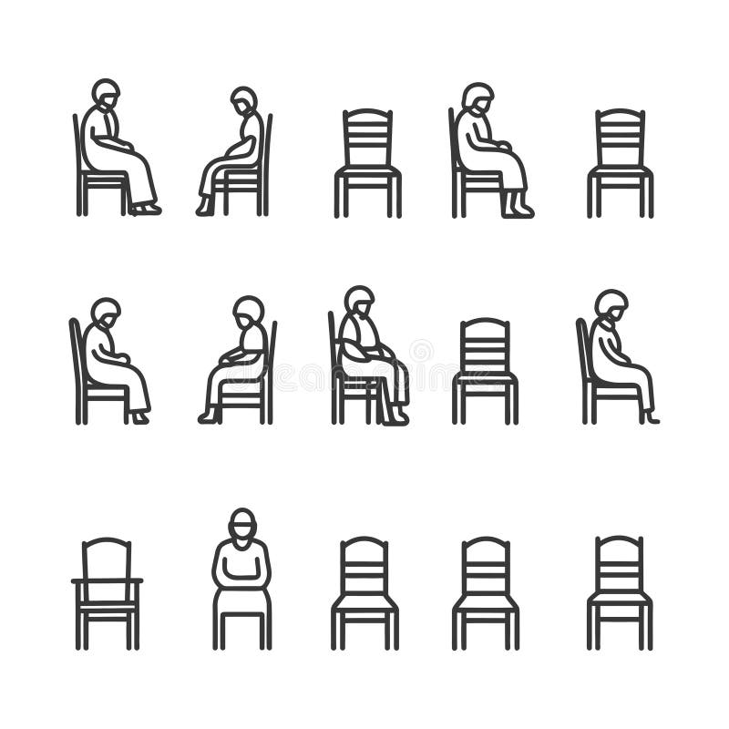 Collection of Diverse People Sitting on Chairs, Line Art Icons Stock ...