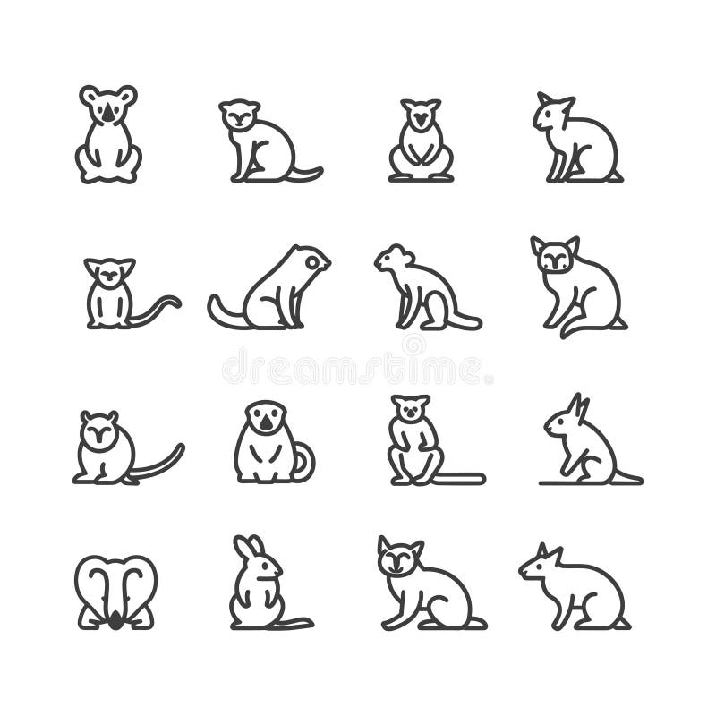 Collection of Cute Sitting Animals: Line Art Icons Stock Vector ...
