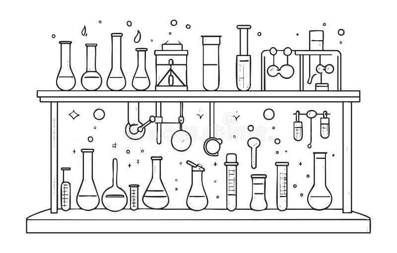 Line Art of Laboratory Equipment on a Shelf, Including Flasks and Test ...