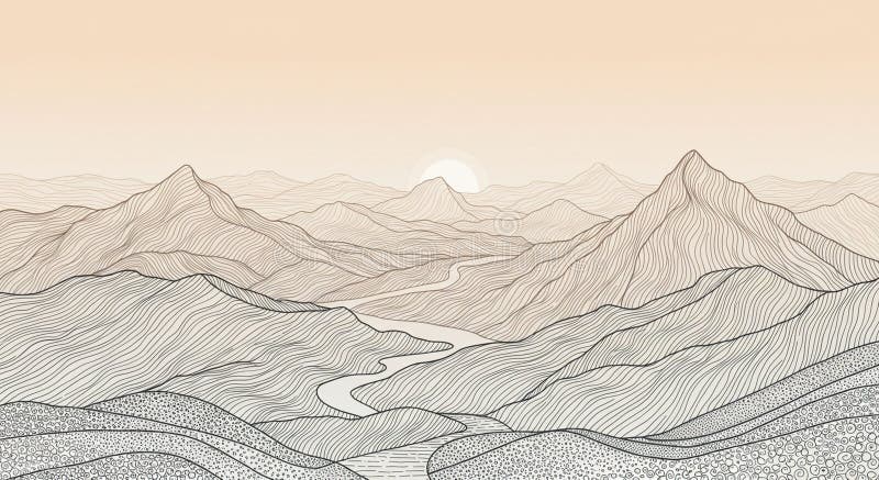 Line Art Landscape Featuring Undulating Mountain Ranges Extending into ...