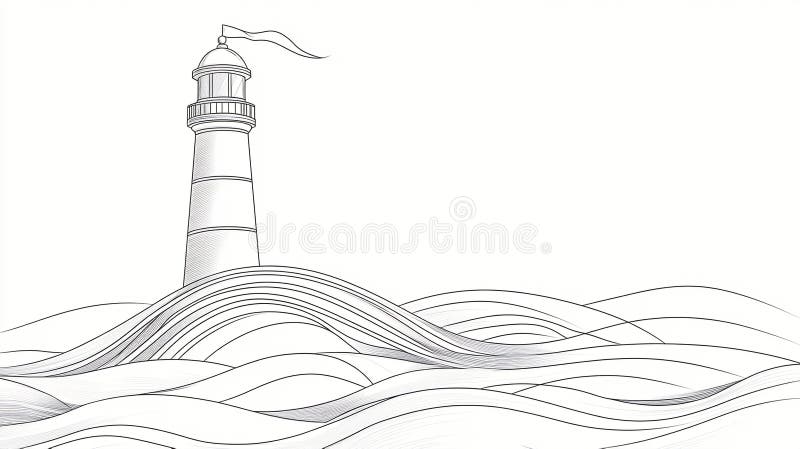 Line Art of a Lighthouse on a Hill Surrounded by Abstract Flowing Wave ...