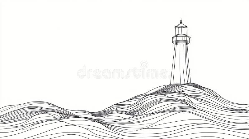 Line Art of a Lighthouse on a Hill Surrounded by Abstract Flowing Wave ...