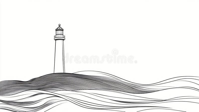 Line Art of a Lighthouse on a Hill Surrounded by Abstract Flowing Wave ...