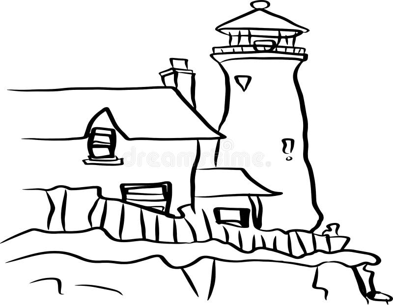 Line Art Lighthouse by the Sea with Houses Stock Vector - Illustration ...