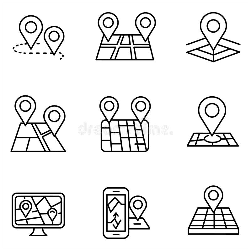 Line Art Location Icons Depicting Map Pins on Various Map Styles Stock ...