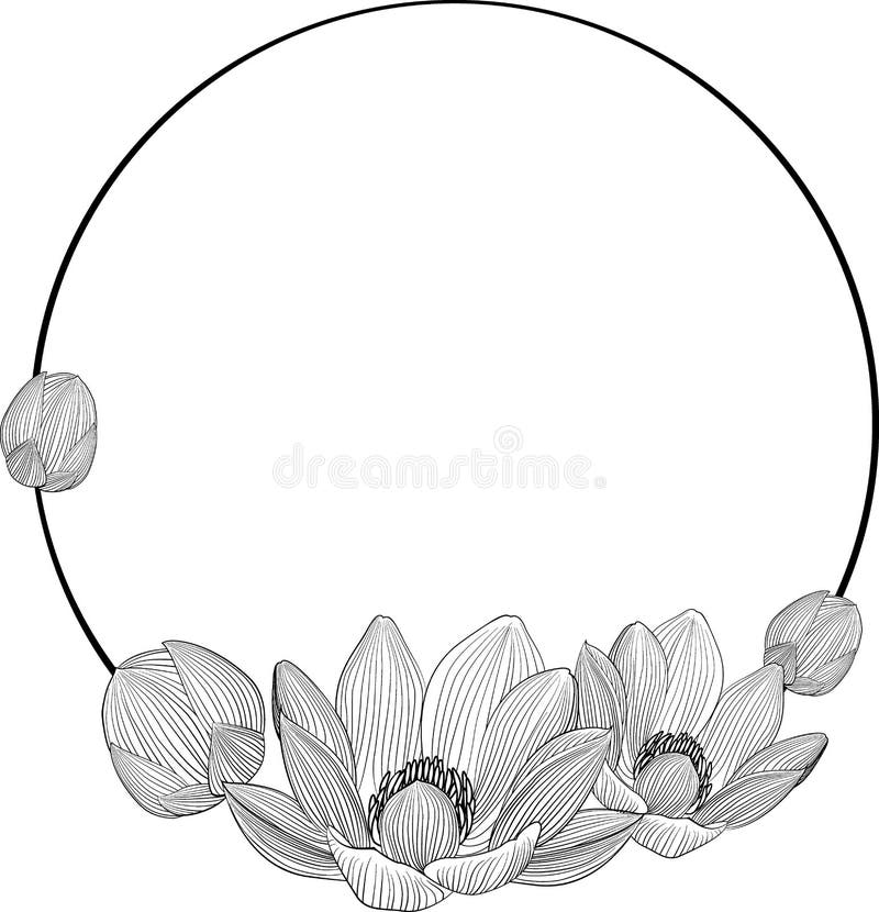 Line Art Lotus Flowers in Round Frame for Text Stock Vector ...