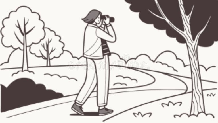 Line Art of a Man Exploring Nature and Looking through Binoculars ...