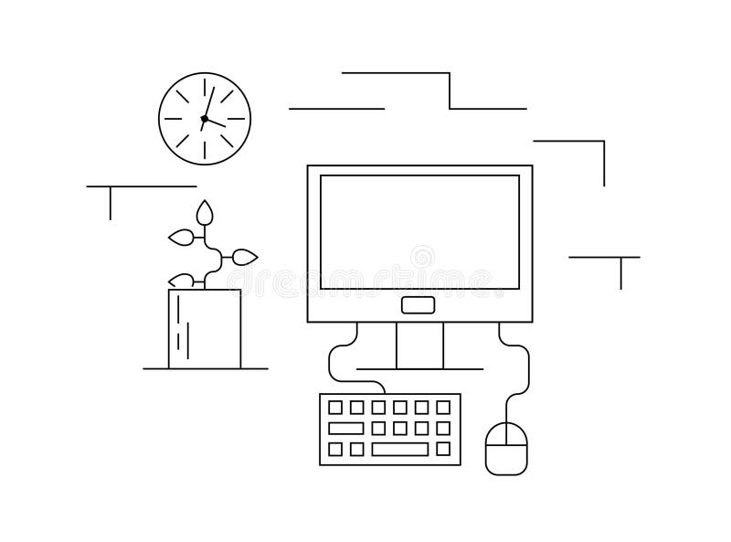 Line Art Office Desktop Computer with Clock and Plant Isolated Stock ...
