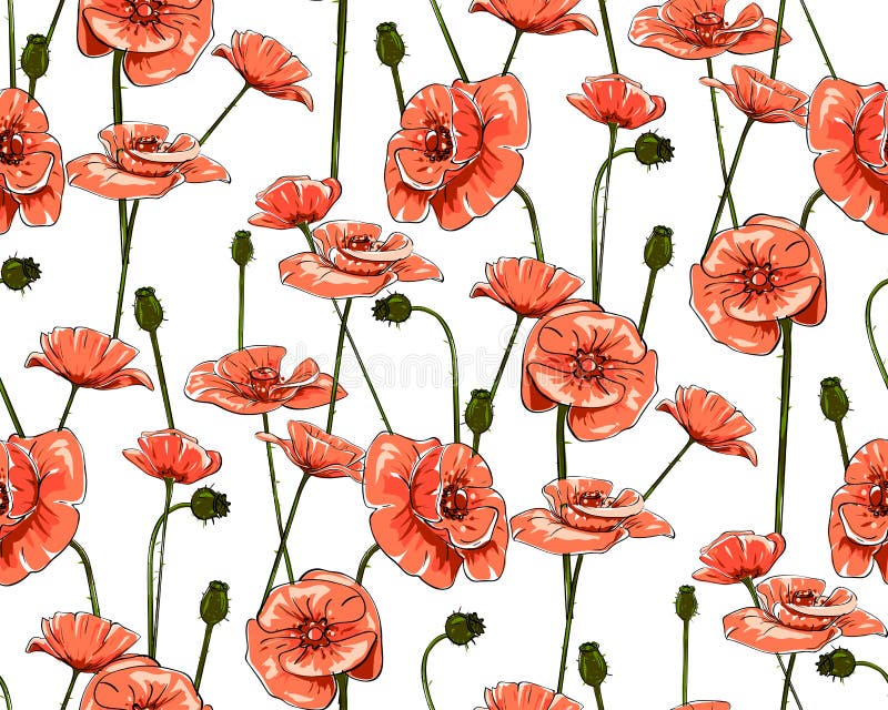 Line-art Poppies on White. Vector Seamless Pattern Stock Vector ...