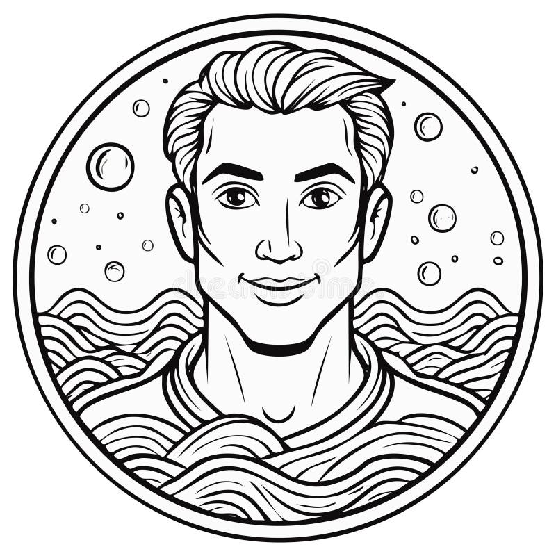 Line Art Portrait of a Man Surrounded by Water Waves and Bubbles in a ...