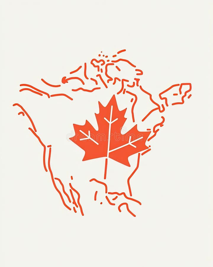 Line Art Representation of Canadas Map with a Central Red Maple Leaf ...