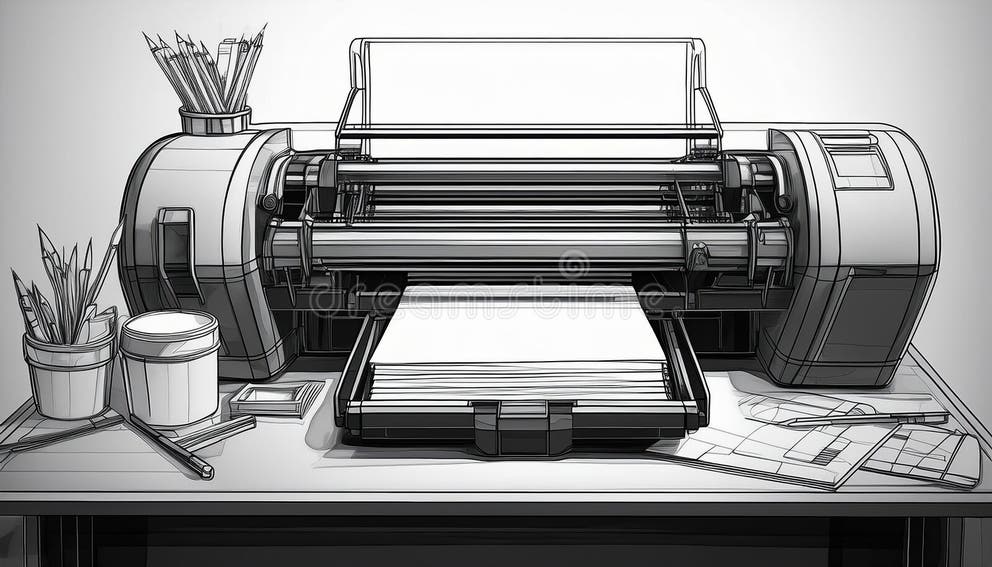 Line Art Representation of a Large-format Printer on a Workspace ...