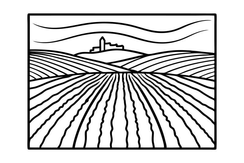 Line Art of Rolling Hills and Distant Village Simple Landscape Drawing ...